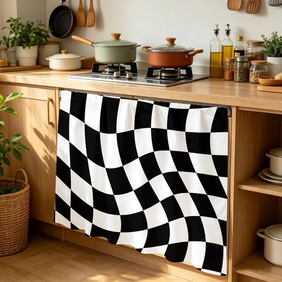 Black White Grid Cabinet Curtains 35" W x 35" L, Deformed Color Block ...