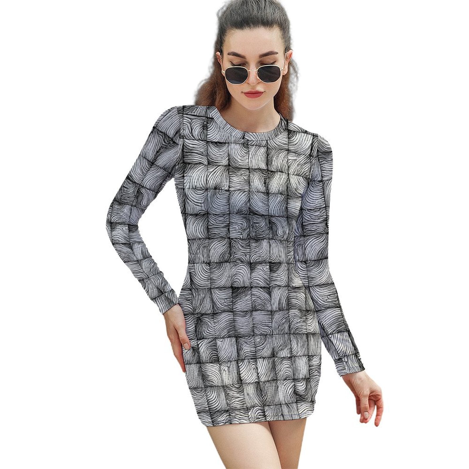 Black White Grid Pattern Art Women's Long Sleeve Bodycon Dress Soft ...