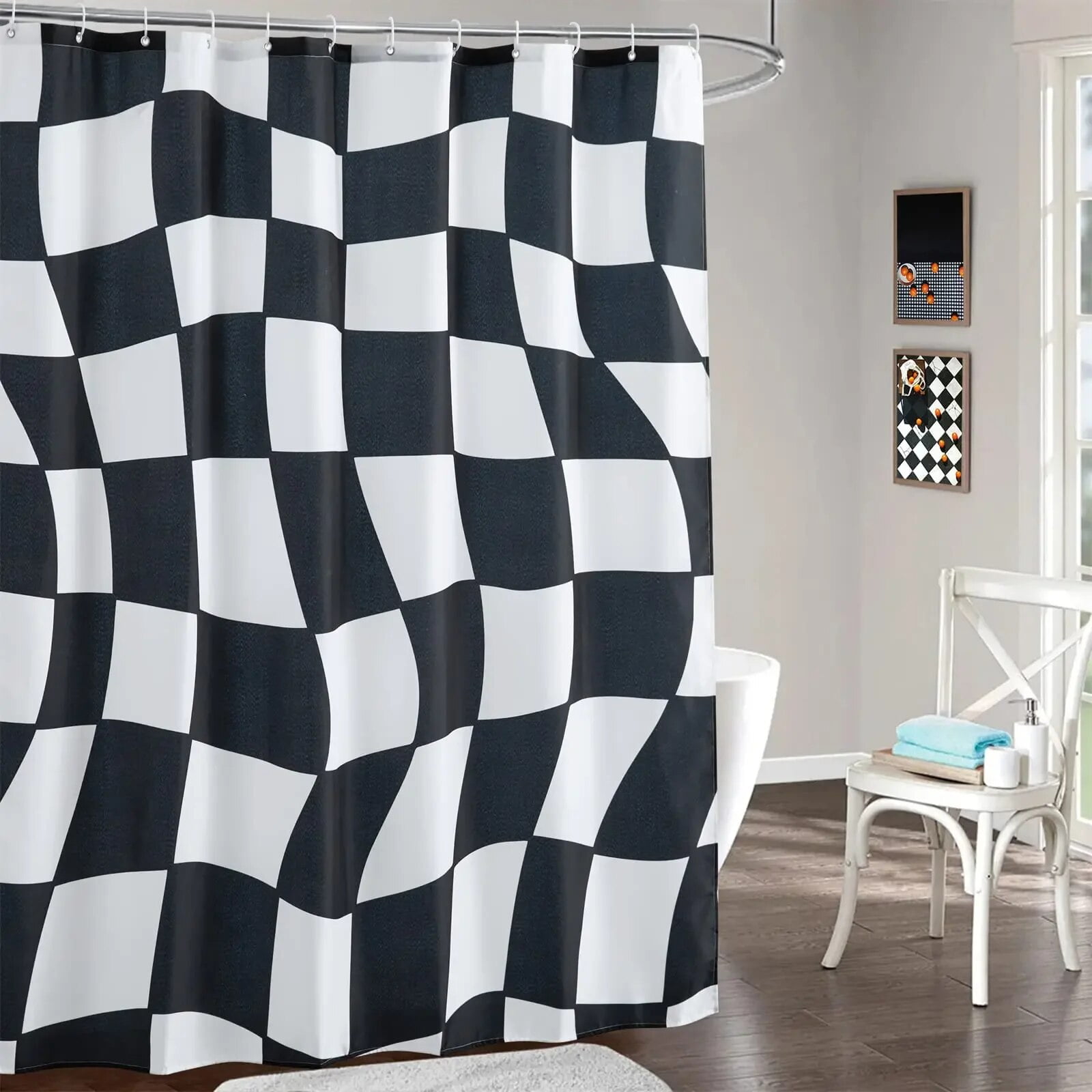 Black&white Groovy Checkerboard Shower Curtain 70s Retro Abstract