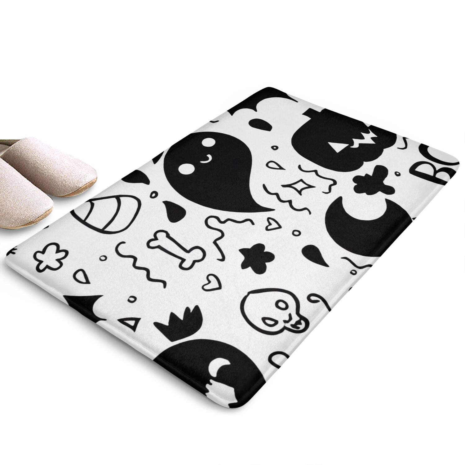 Black and White Halloween Doodle Flannel Non Slip Door Rugs,Washable ...
