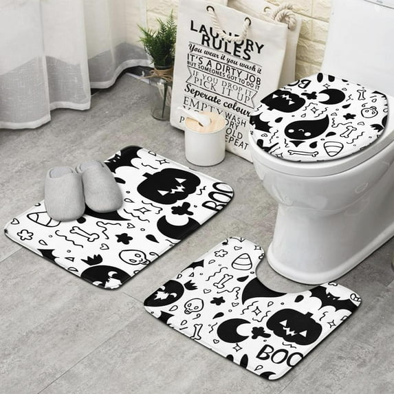 Black and White Halloween Doodle Pattern Bathroom Rugs Sets 3 Piece ...