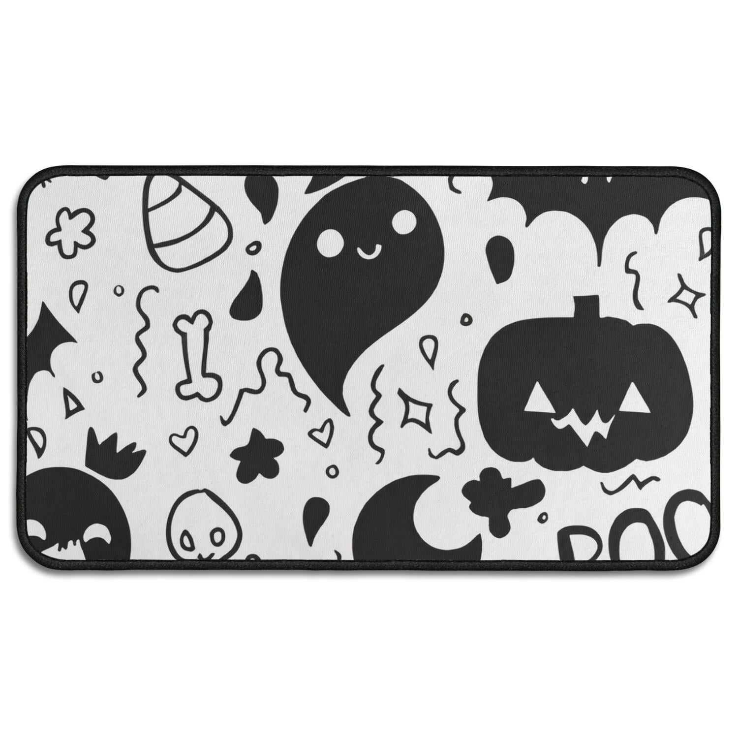 Black and White Halloween Doodle Pattern Door Rugs,Washable Non Slip ...