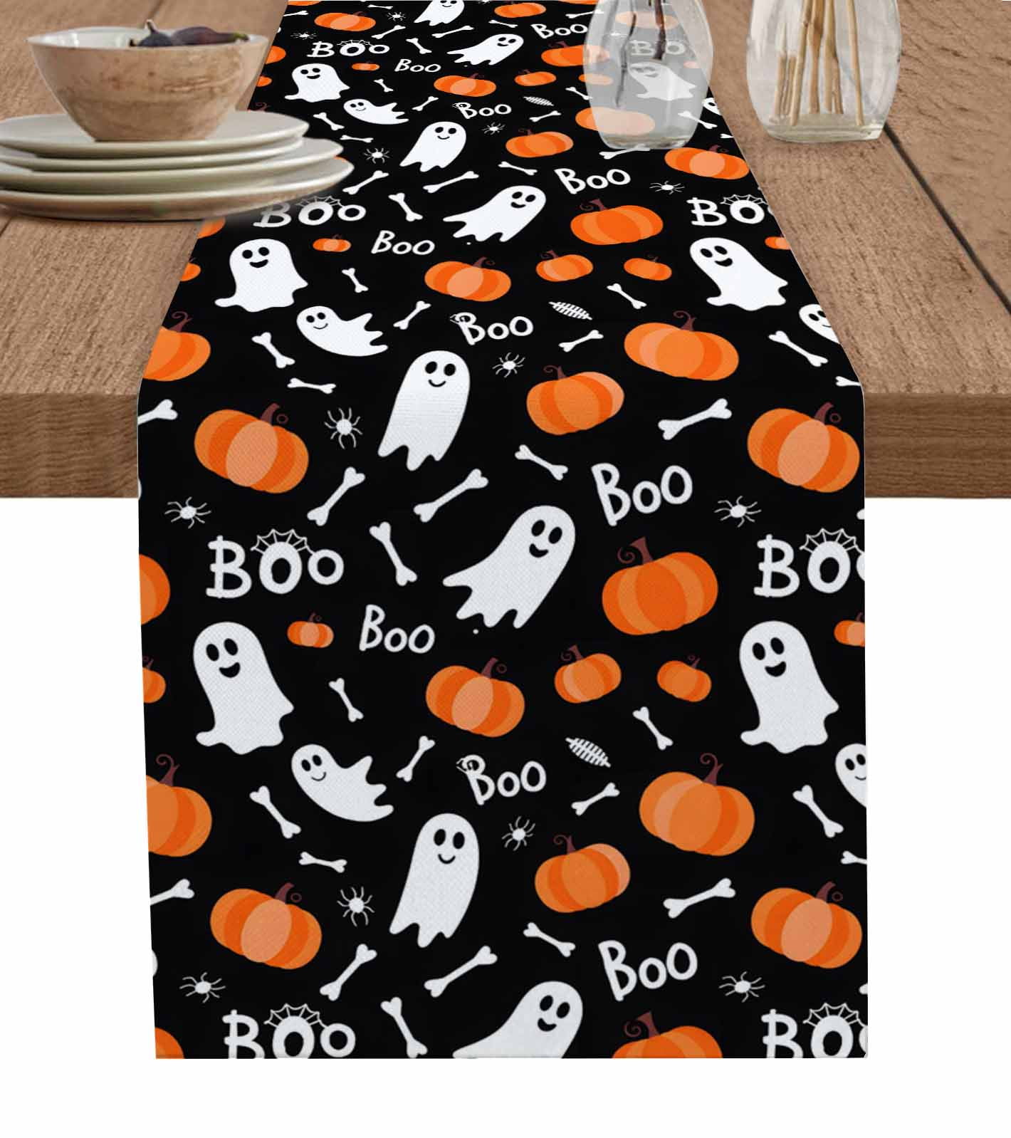 Black White Halloween Ghost Burlap Cotton Table Runner 14x72 Inches ...