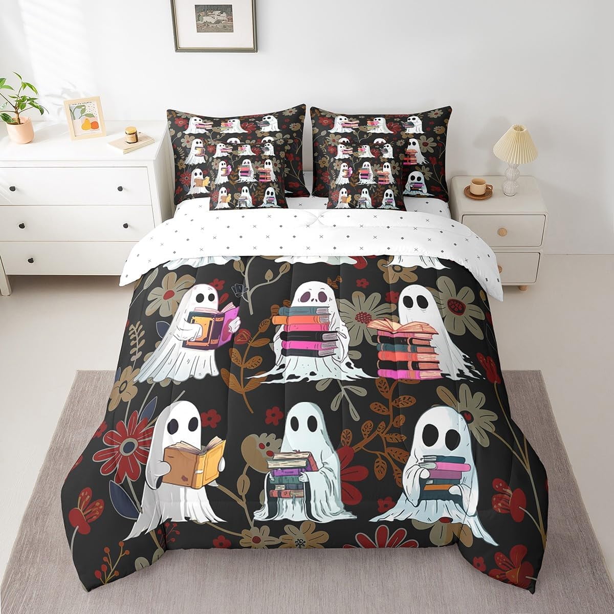 Black White Halloween Ghost Reversible Comforter Set Retro s Hippie ...