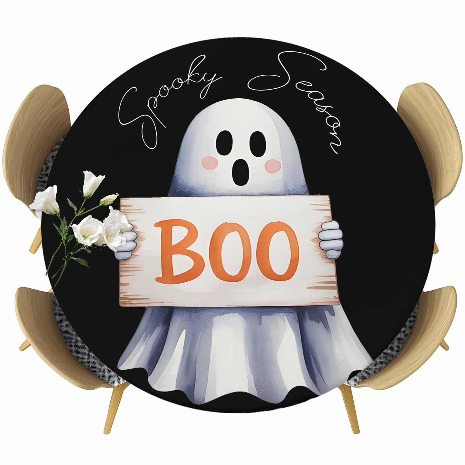 Black White Halloween Round Tablecloth, Fitted Table Cover with Elastic ...