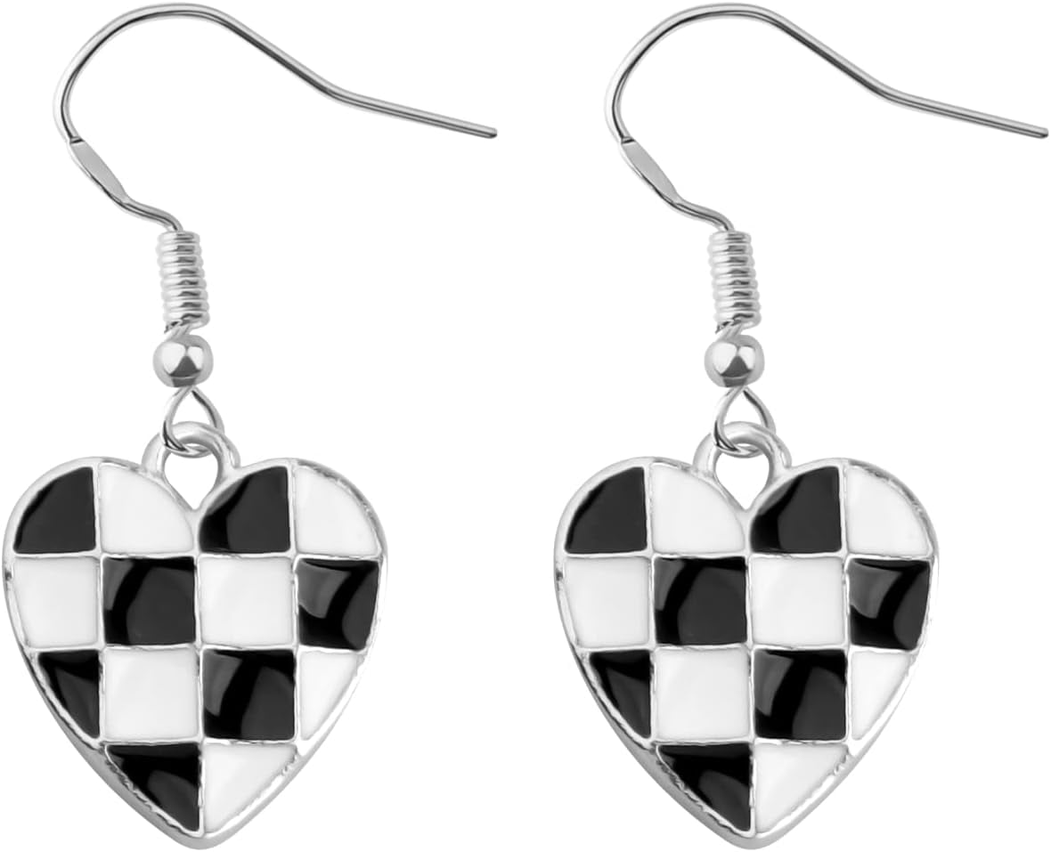 Black & White Heart Shape Checker Earrings Fun Chess Board Jewelry ...