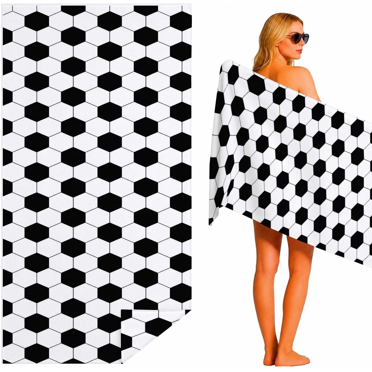 Black and White Hexagon Soccer Pattern Beach Towel， Soft Quick Dry ...