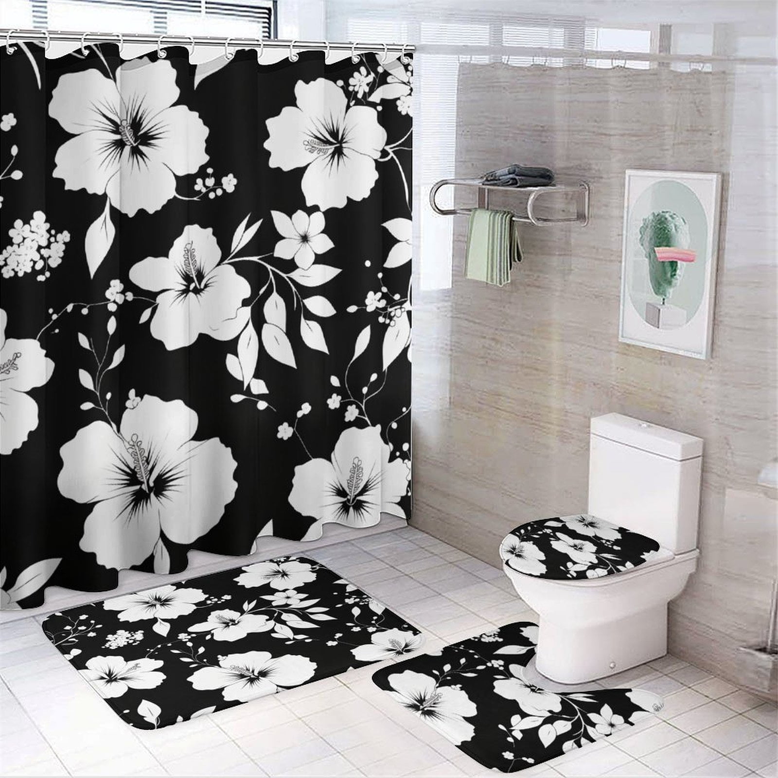 Black with White Hibiscus Hawaiian Flower Pattern Shower Curtain And ...