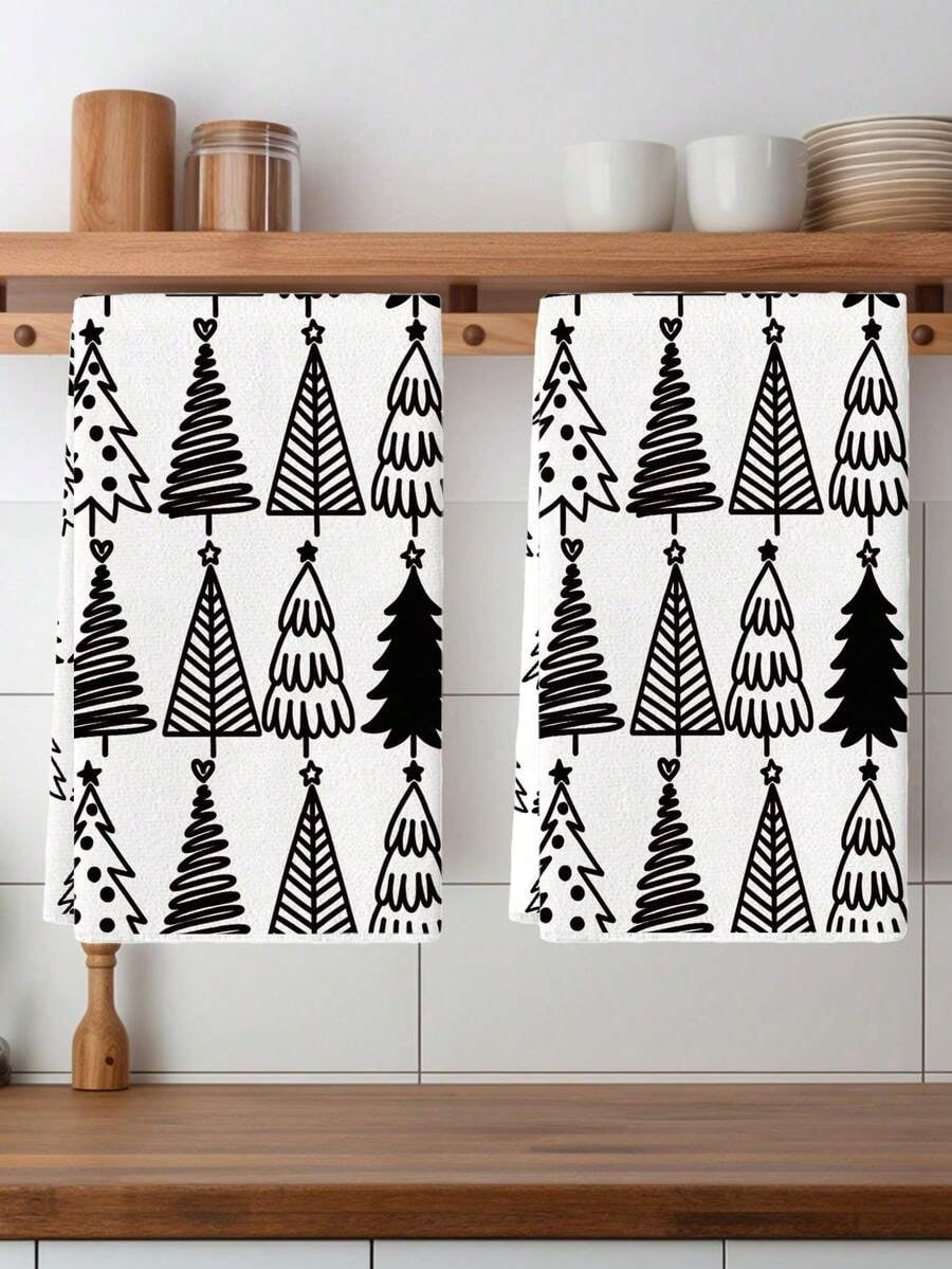 Black & White Holiday Decor Towels 2Pcs - Christmas Tree Simple Lines ...