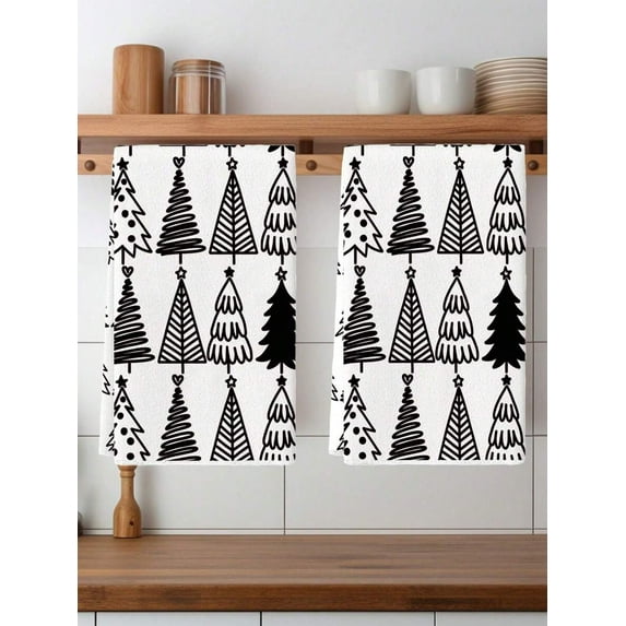 Black & White Holiday Decor Towels 2Pcs - Christmas Tree Simple Lines ...