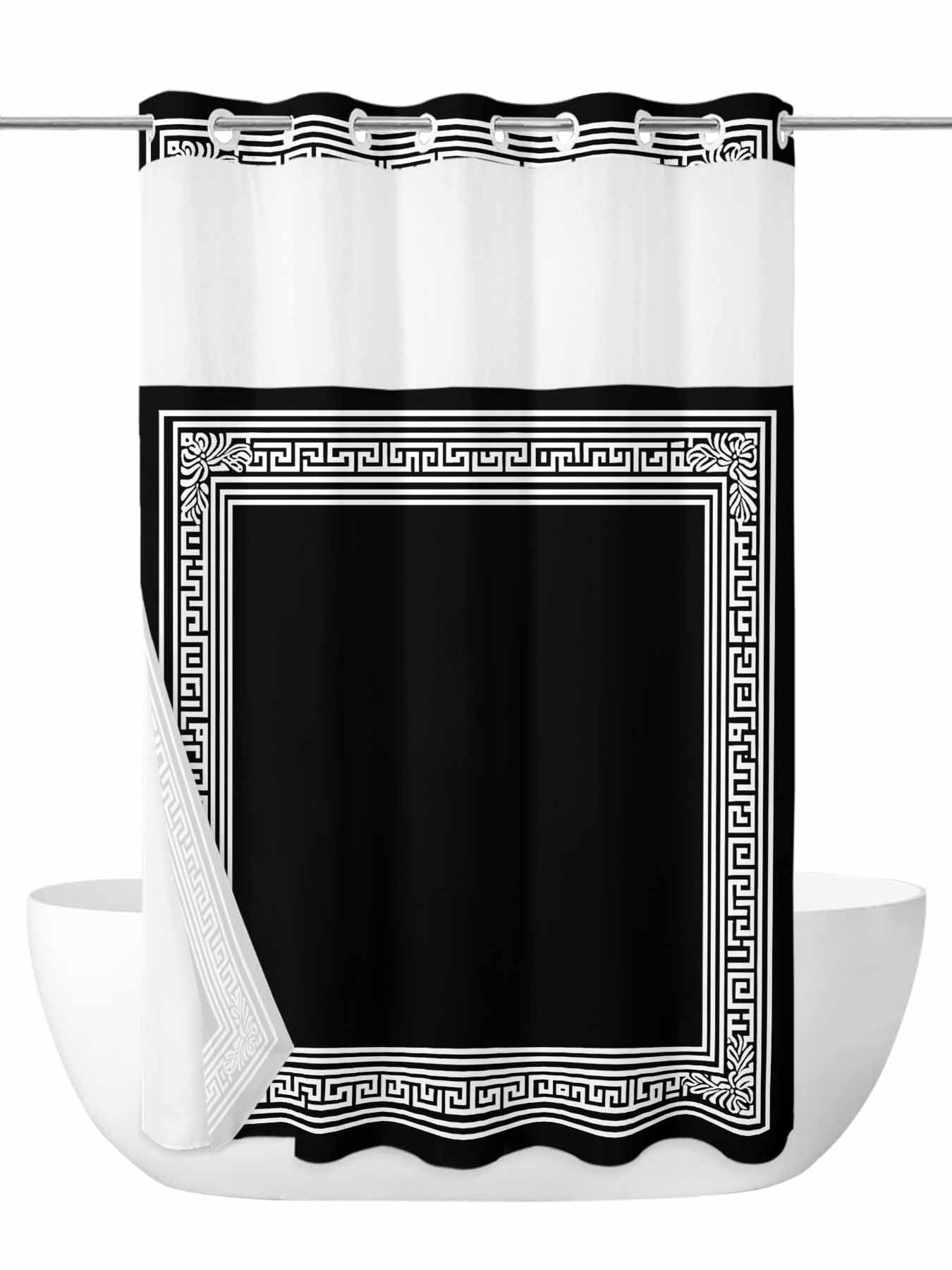 Black White No Hook Shower Curtain and Liner Set Geometric Greek Key ...