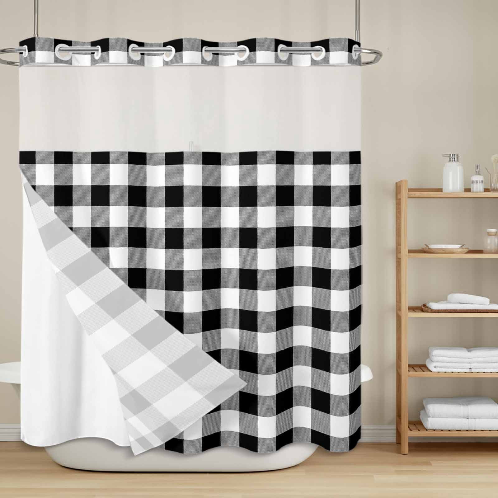 Black White No Hook Shower Curtain with Snap in Liner, Buffalo Plaid ...