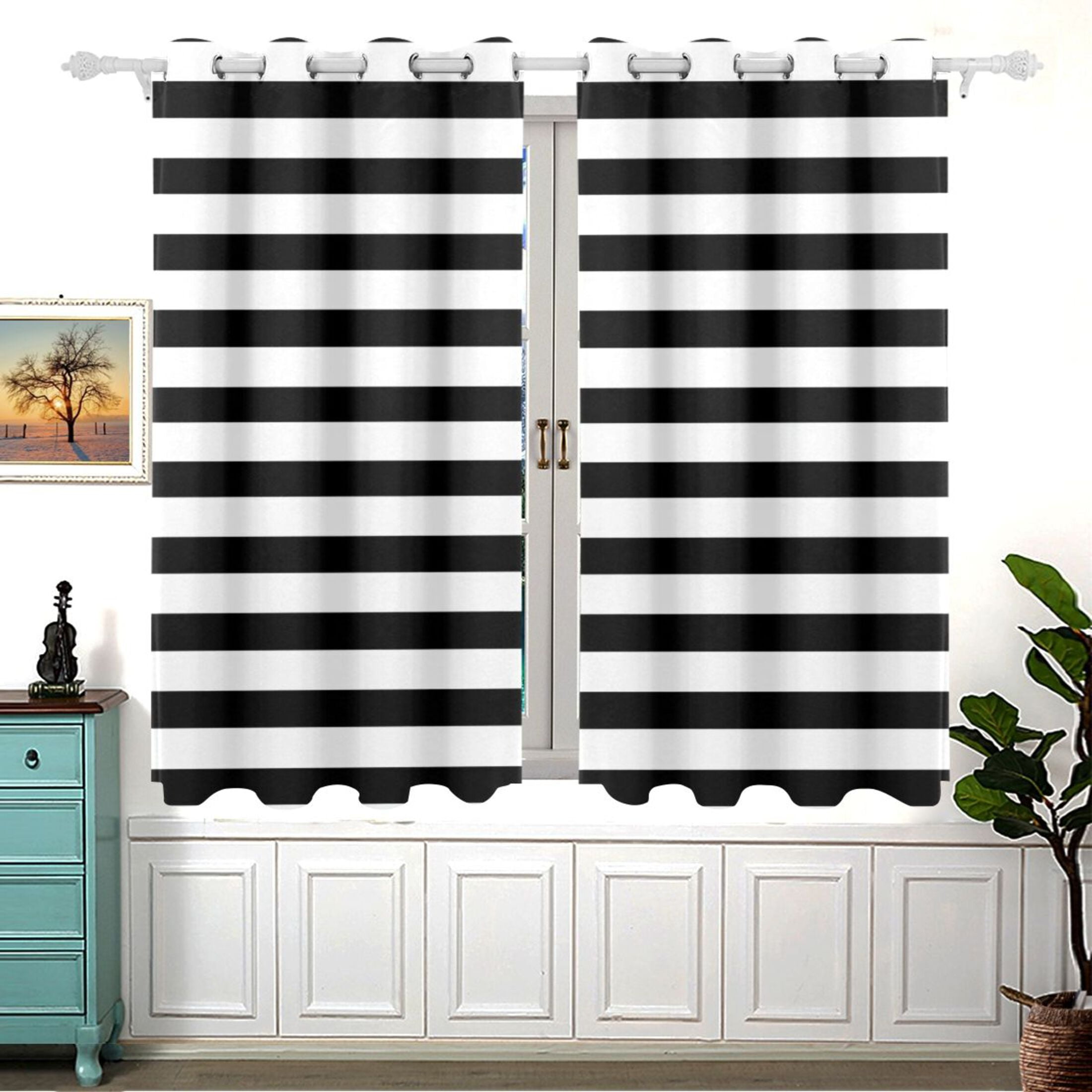Black White Horizontal Narrow Stripes Curtains Drapes with Grommets 2 ...