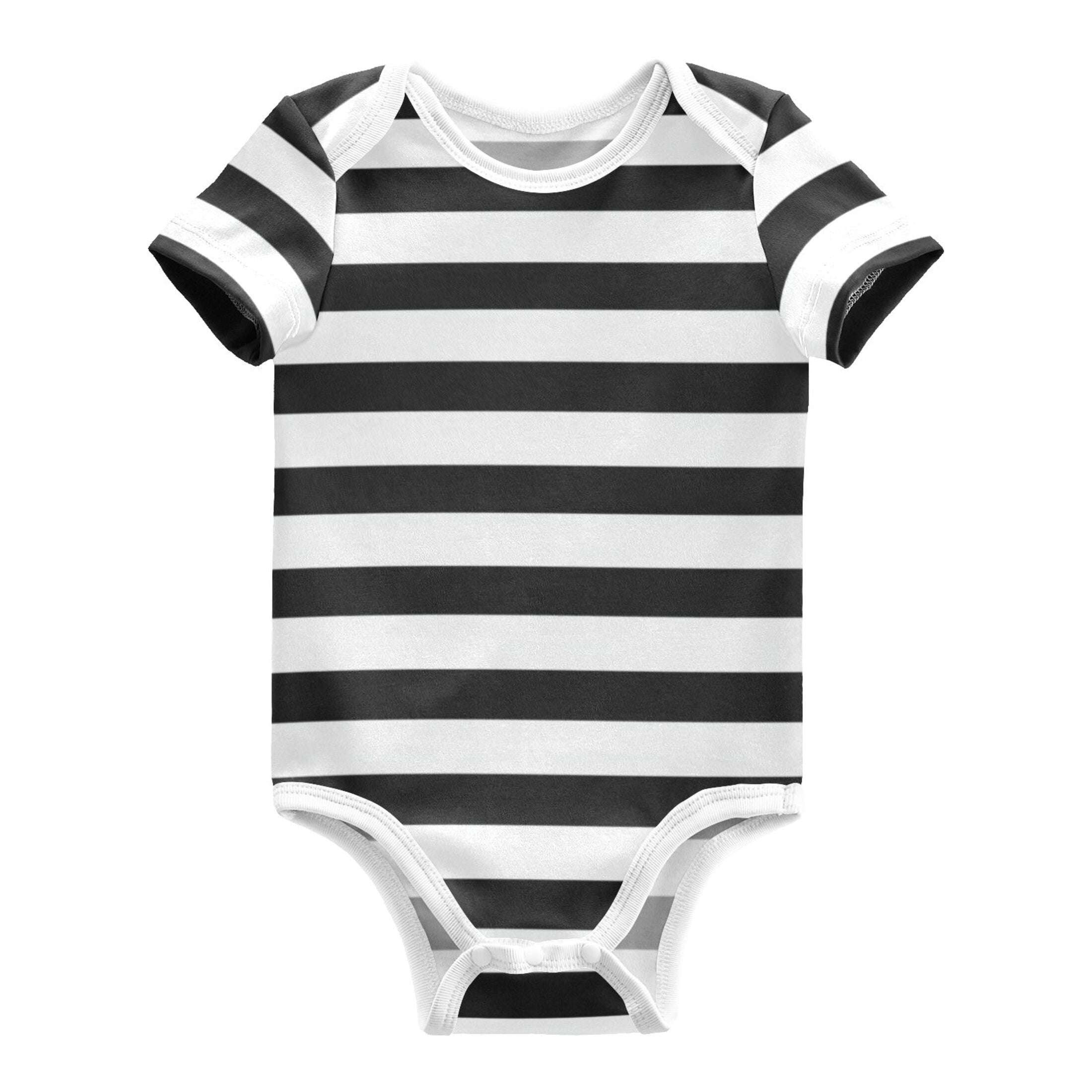Black White Horizontal Narrow Stripes Pure Cotton Bodysuit Short Sleeve ...