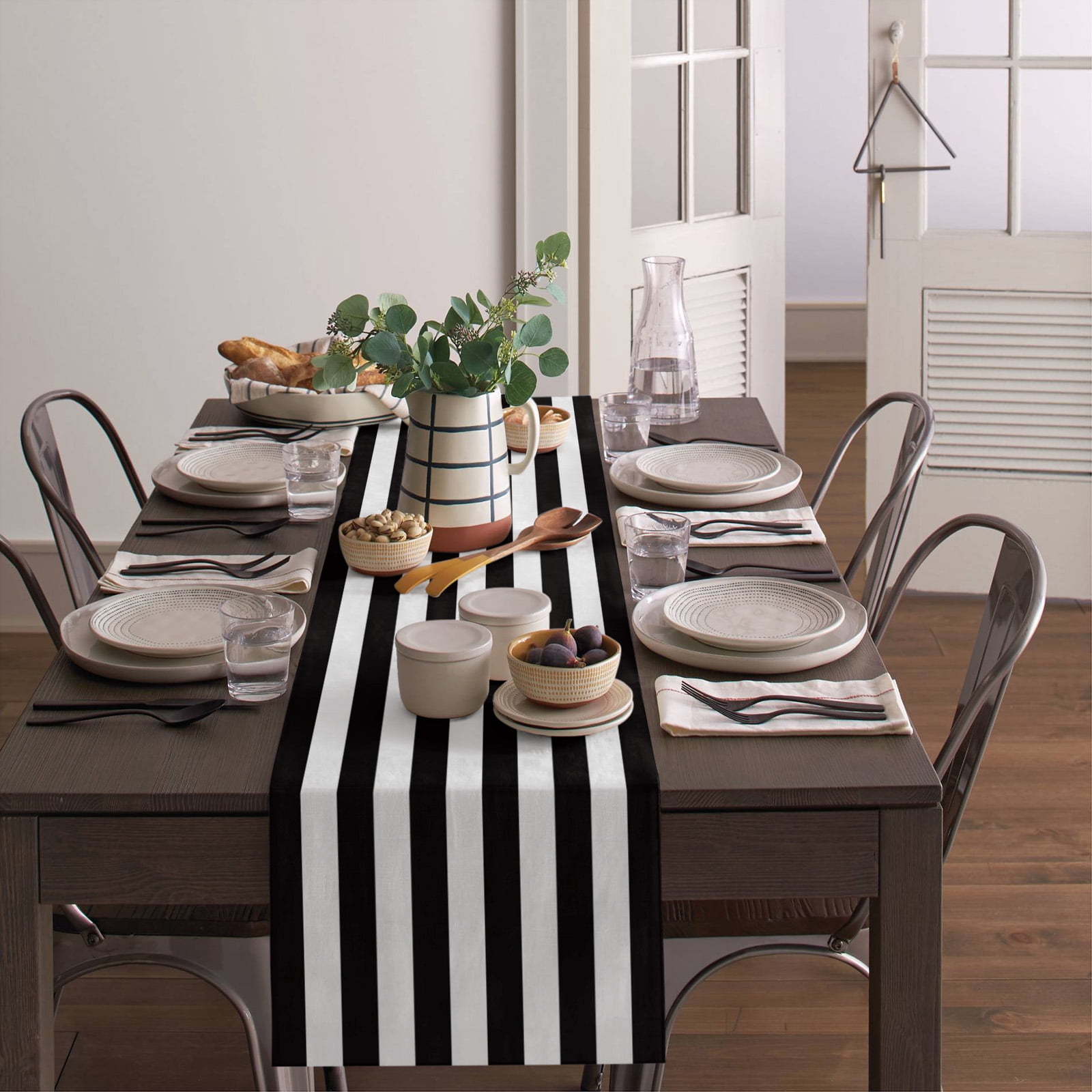 Black White Horizontal Stripe Table Runner 13x36in Non-Slip Cotton ...