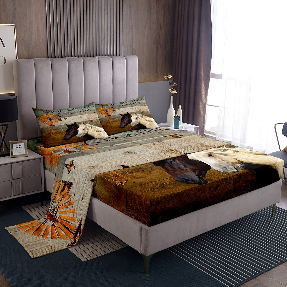 Black and White Horse Bed Sheets Set Western Sheet Set King,Garden ...