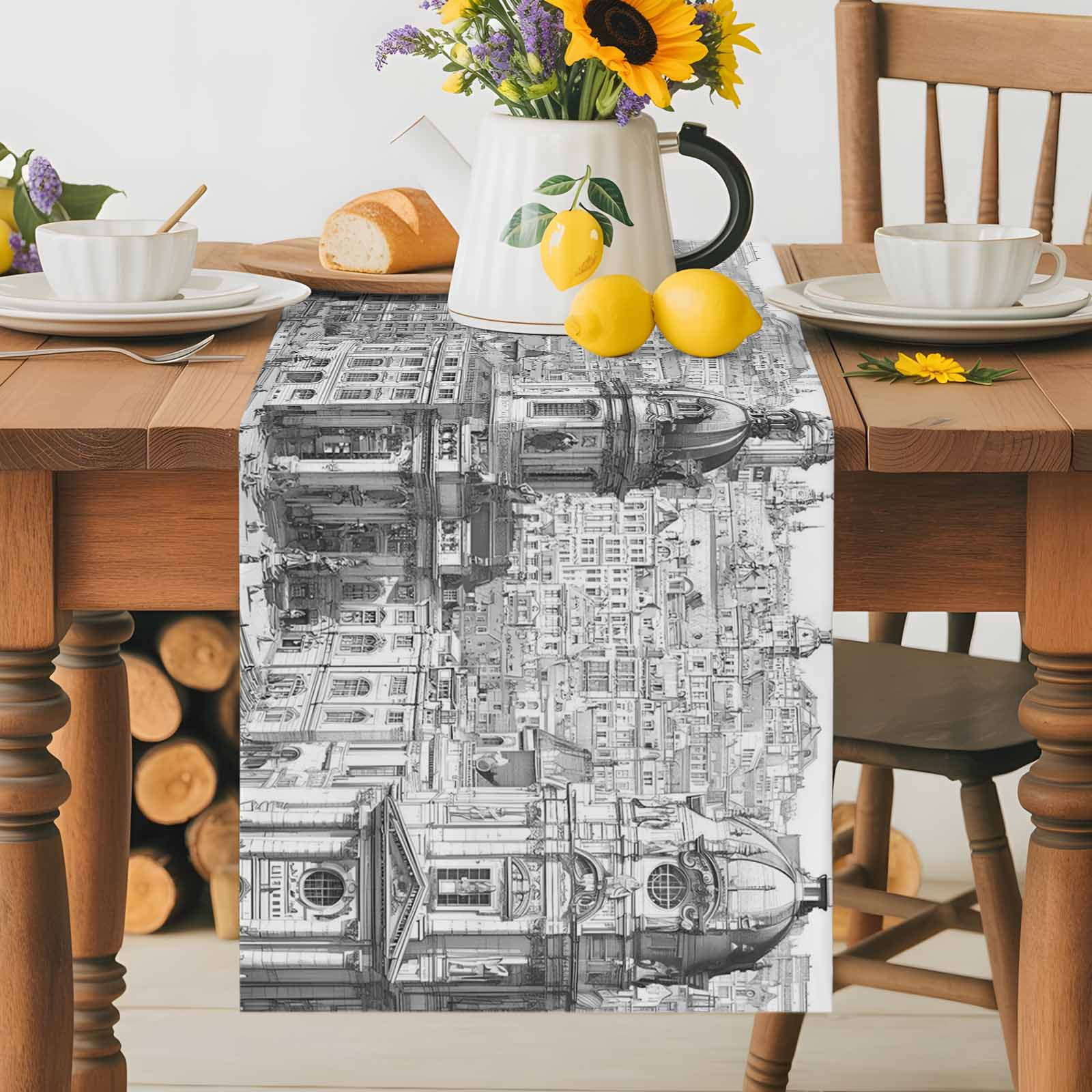 Black and White Illustration Table Runner 18x72 Inch European Classical ...