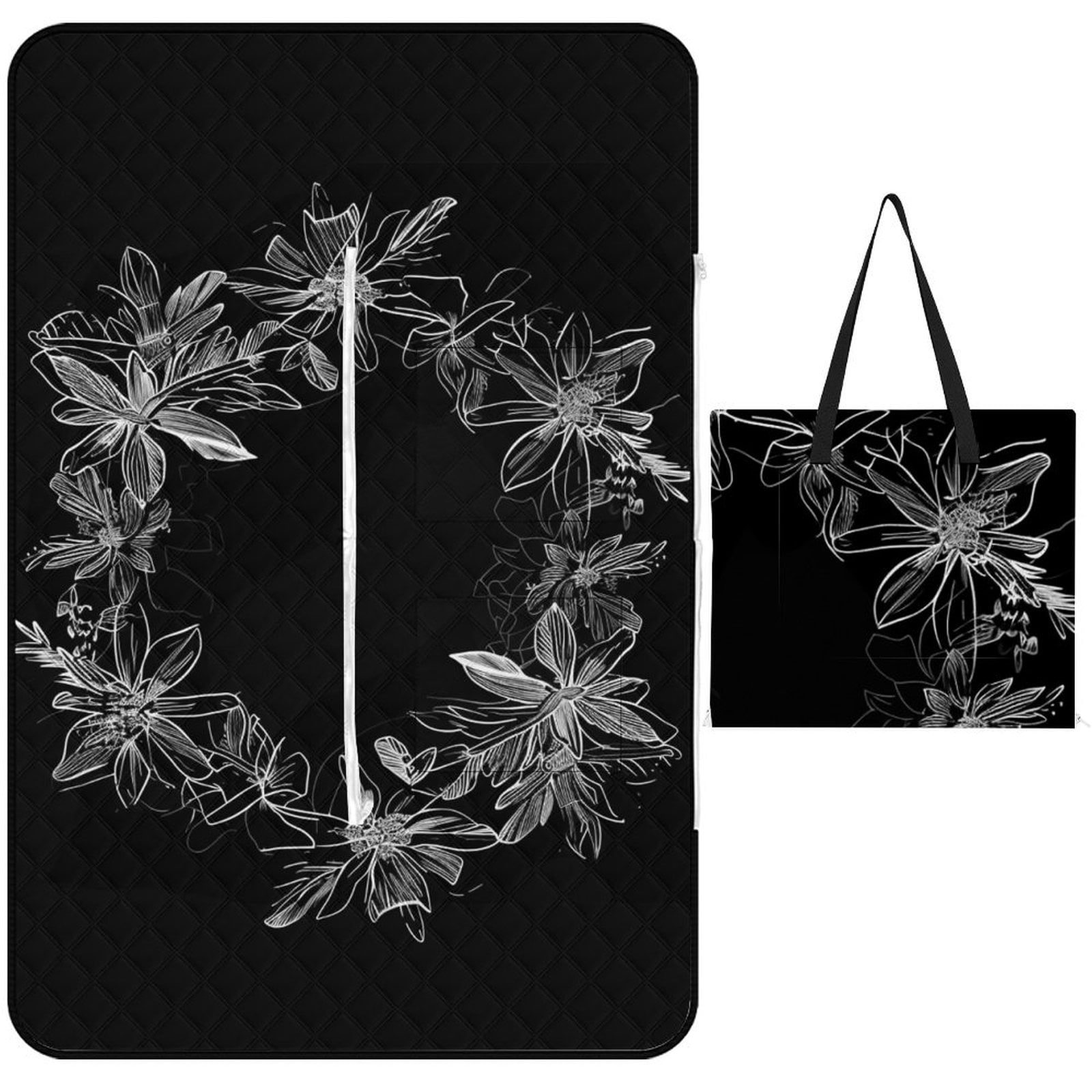 Black And White Ink Flower Waterproof Picnic Blanket with Foldable ...