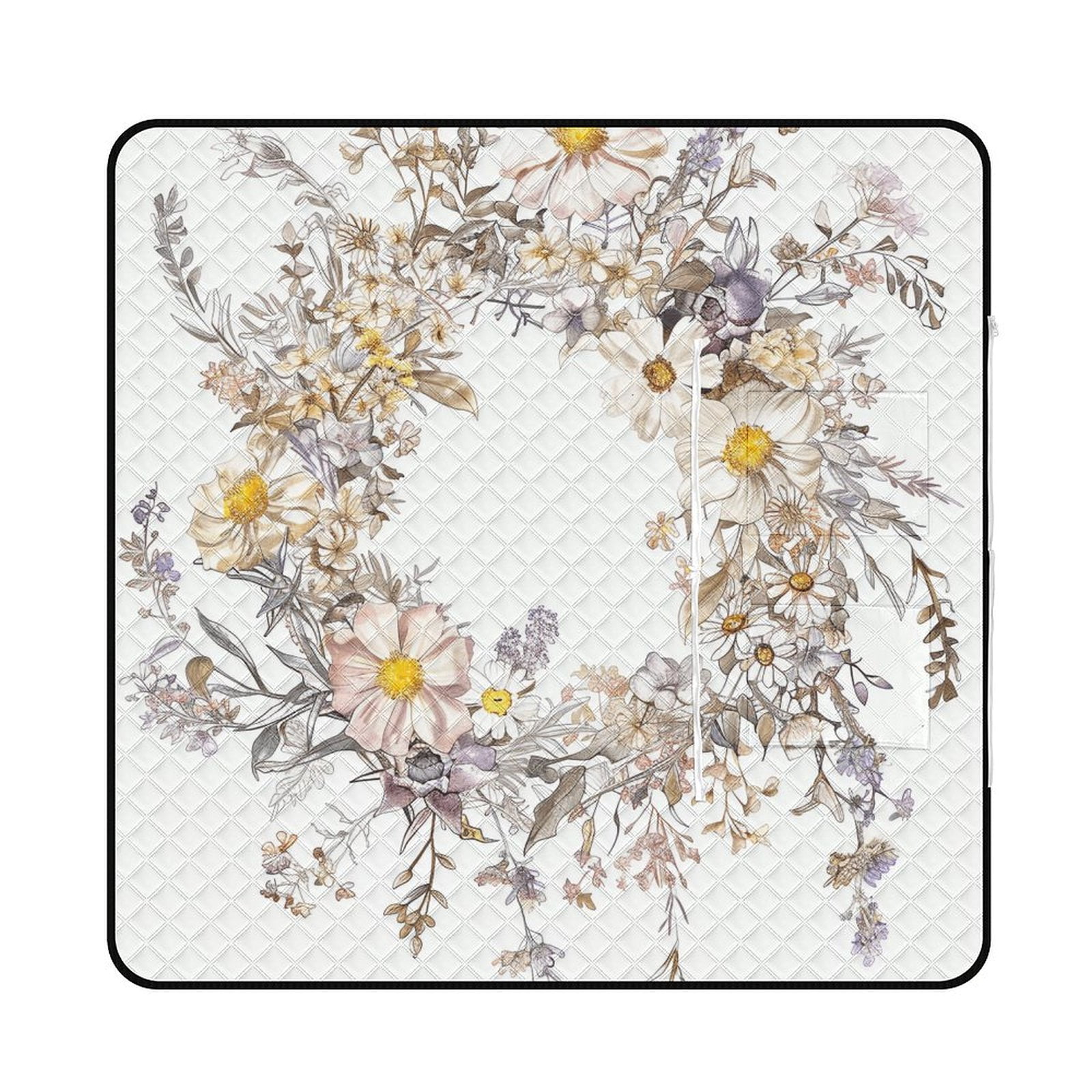 Black And White Ink Flower Waterproof Picnic Blanket with Foldable ...