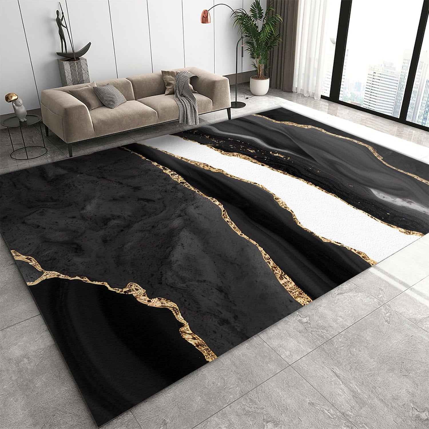 Black White Ink Painting Area Rug 5' x 8' Entryway Rug, Abstract Gray ...