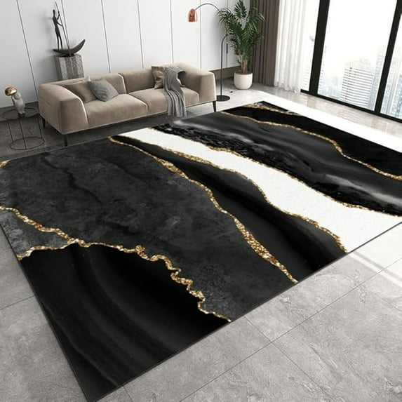 Black White Ink Painting Area Rug, Abstract Gradient Gold Lines Large ...
