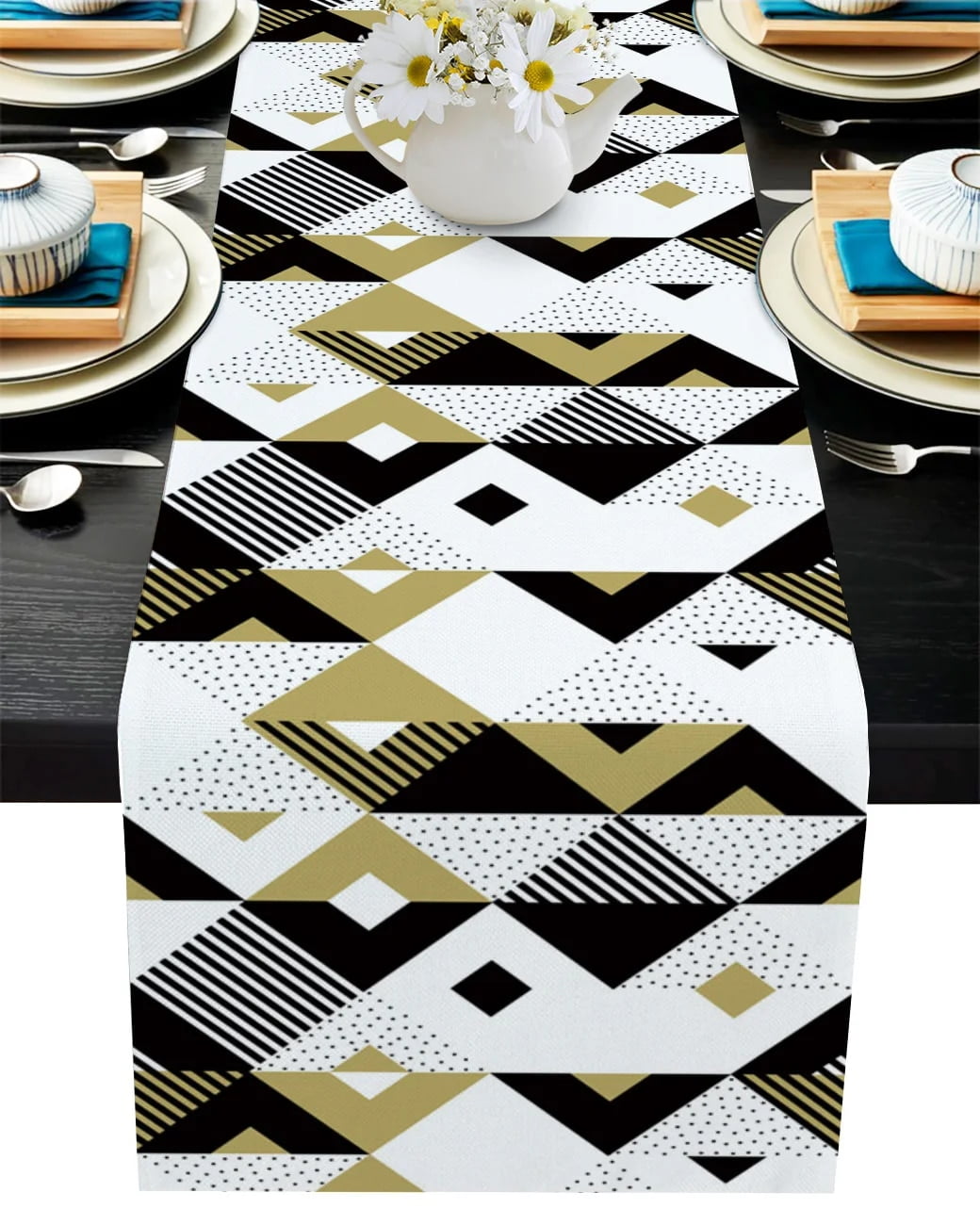 Black White Irregular Geometry Table Runner Modern Wedding Decorations Dinning Table Runners ...