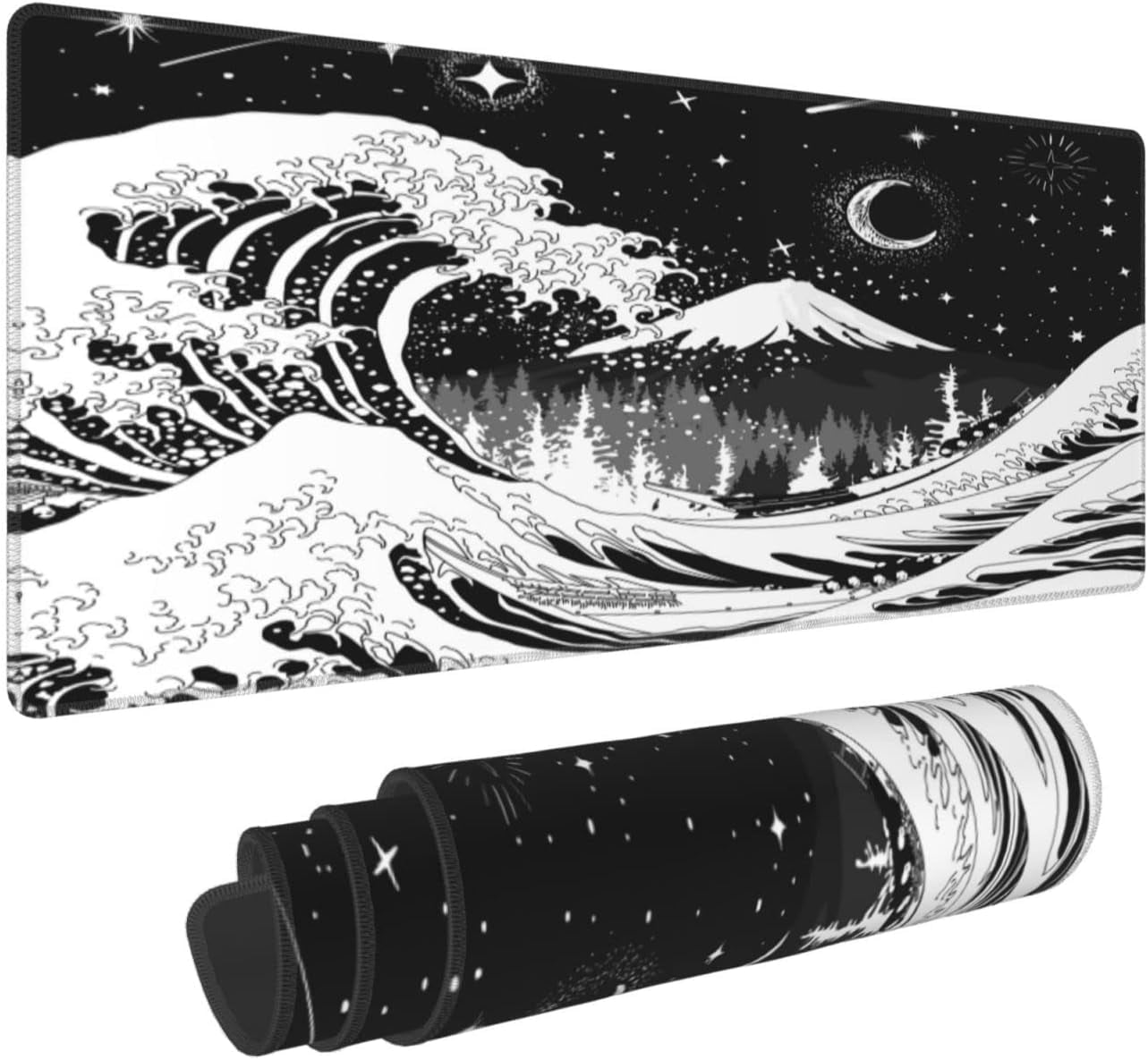 Black and White Japanese Ocean Wave Moon Star Gaming Mouse Pad XL, Non ...