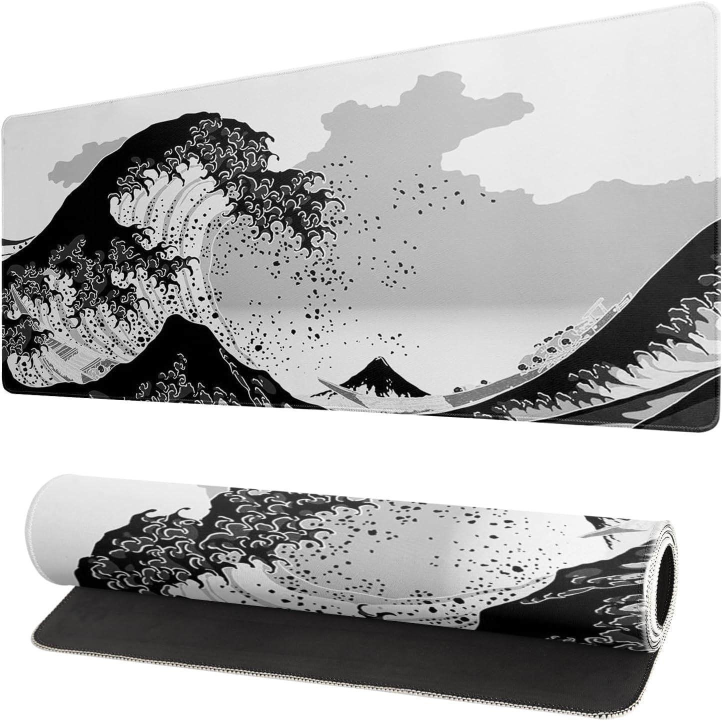 Black and White Japanese Sea Waves Gaming Mouse Pad Long Computer ...