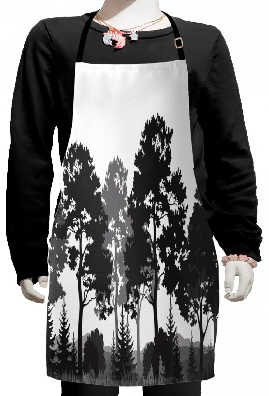 Black and White Kids Apron, Summer Forest with Pine and Fir Trees Grass ...