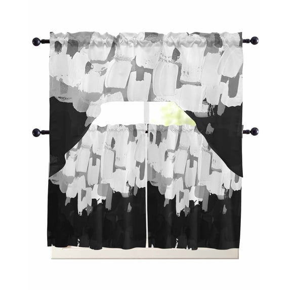 Black White Kitchen Curtain and Valance Set 3 Pieces,Rod Pocket Short ...
