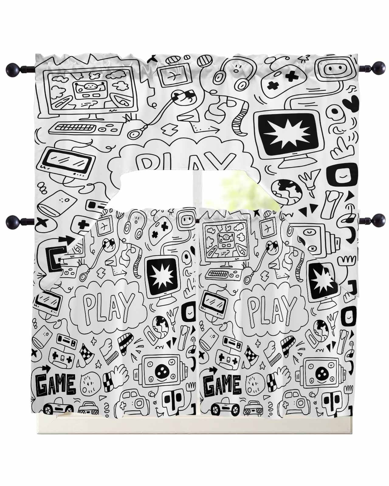 Black White Kitchen Curtains Sets 36 Inch Length with Valance, Game ...
