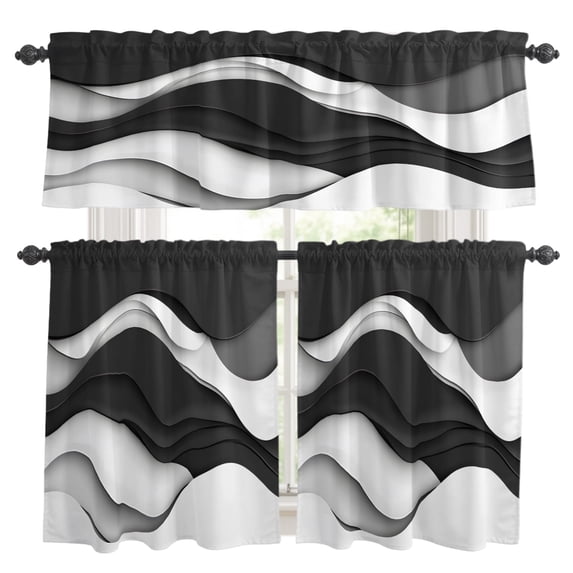 Black White Kitchen Curtains Valance and Tier Set Geometric Abstract ...