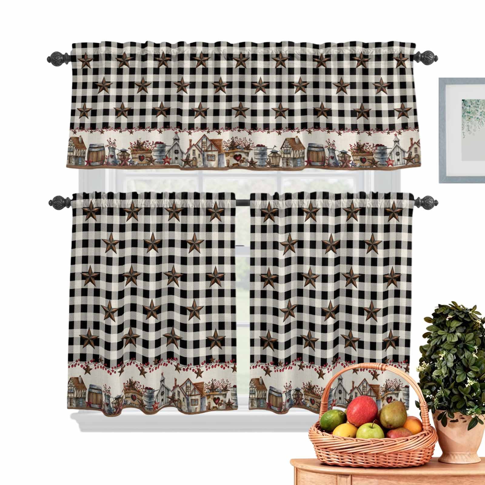 Black White Kitchen Curtains Valances 3 Piece Set, Buffalo Plaid ...