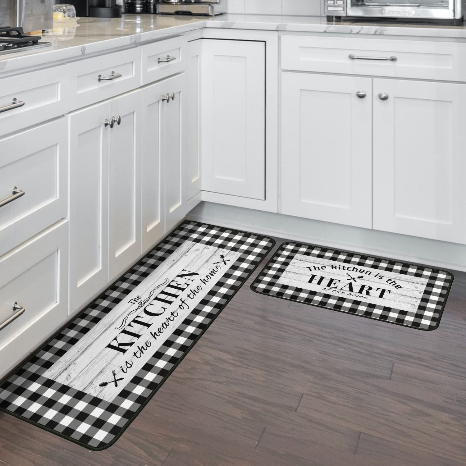 Farmhouse Kitchen Rugs Set of 2: Anti-Slip, Buffalo Check, Black and ...