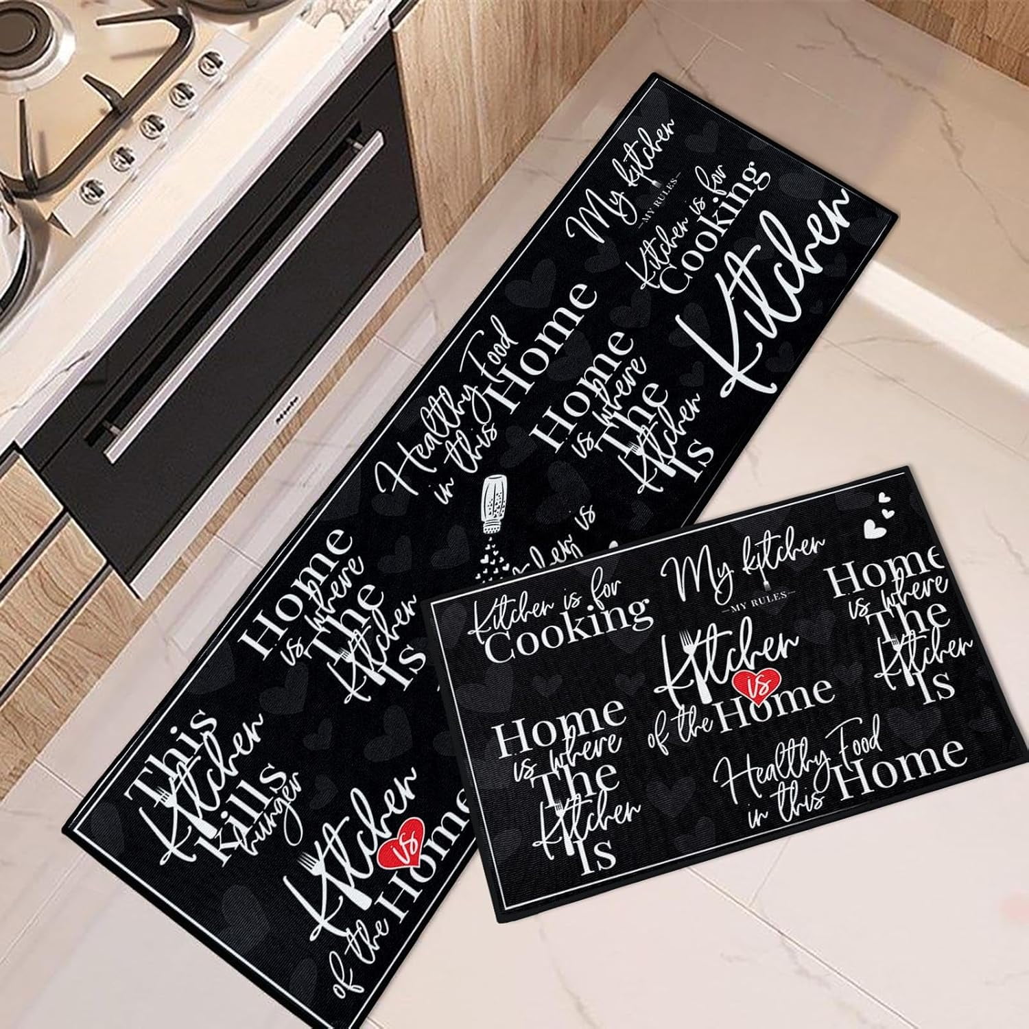 Black White Kitchen Rugs and Mats Non Skid Washable Set of 2, Phrase ...