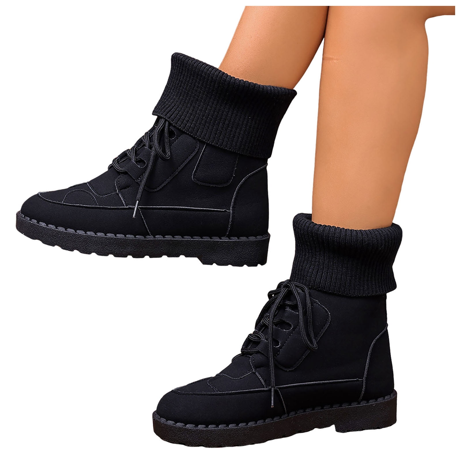 Black White Knitted Fold Over Ankle Boots for Women Lace up Casual ...
