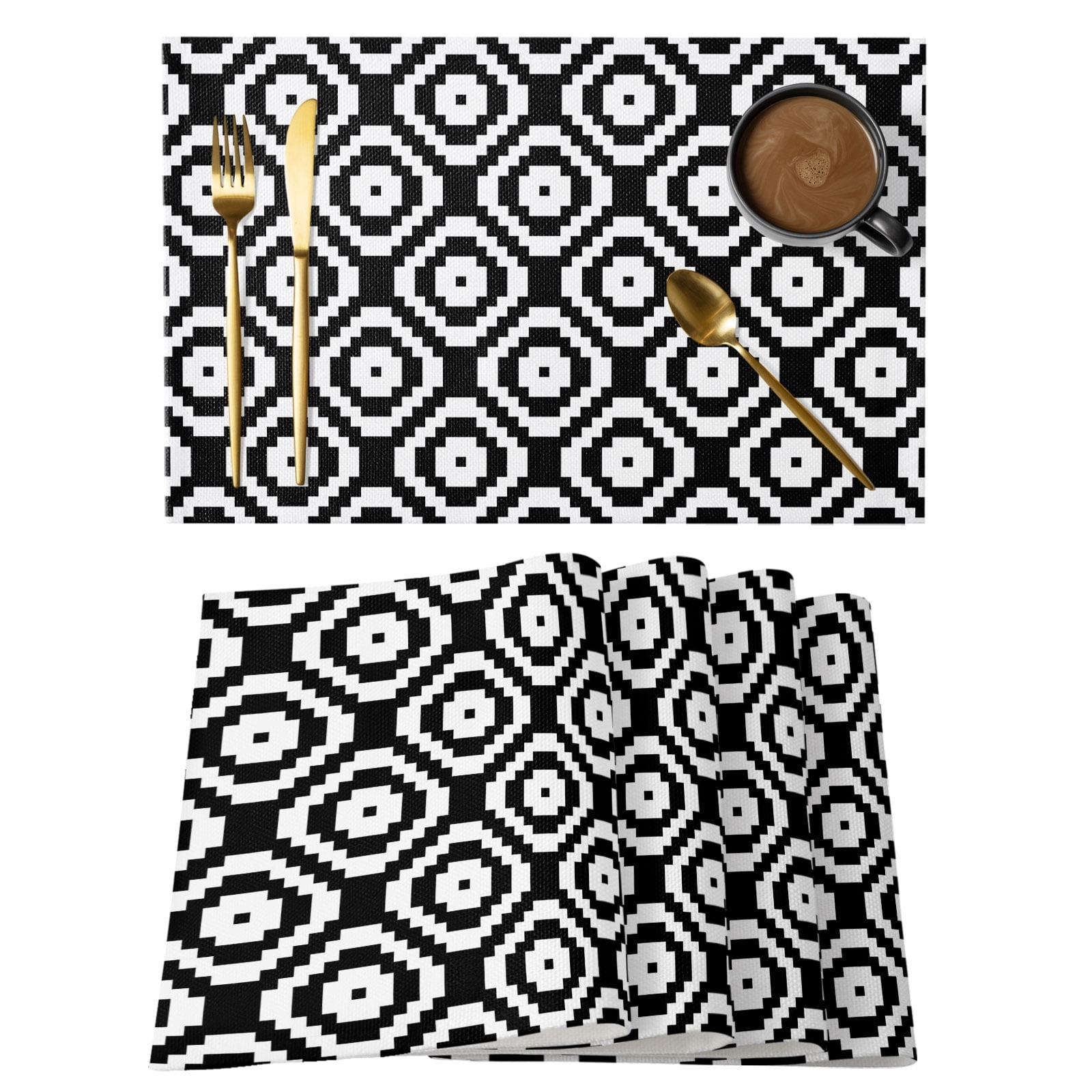 Black White Lattice Cotton Linen Placemats Set of 4, Geometric Modern ...