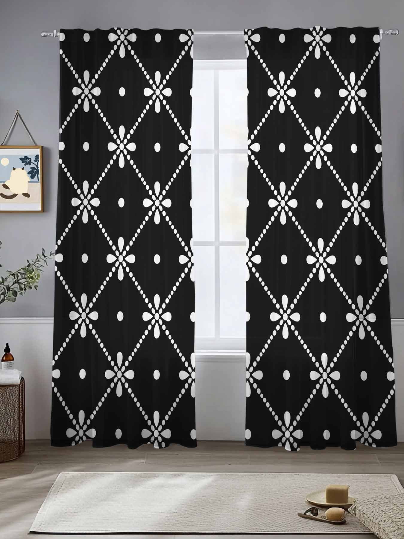 Black and White Lattice Flower Chiffon Sheer Curtains 84 Inches Long ...