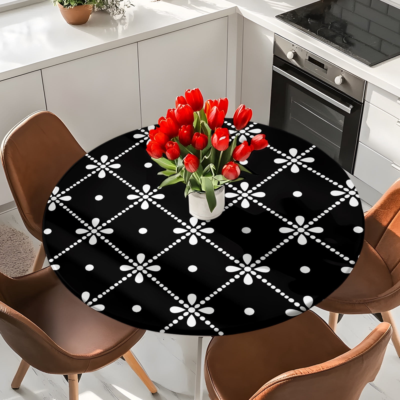 Black and White Lattice Flower Round Fitted Tablecloth with Elastic ...