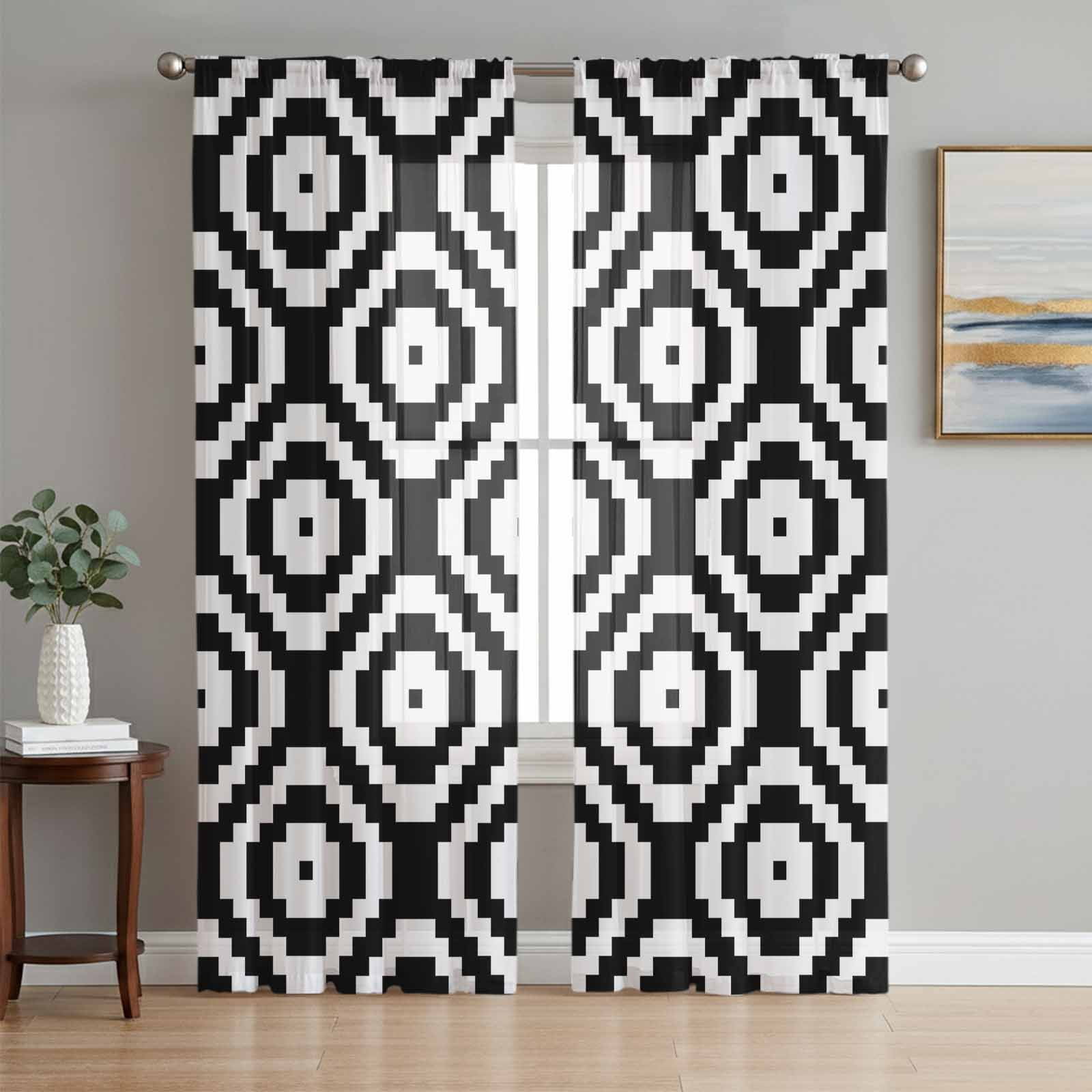 Black White Lattice Sheer Curtains for Living Room Bedroom, Geometric ...