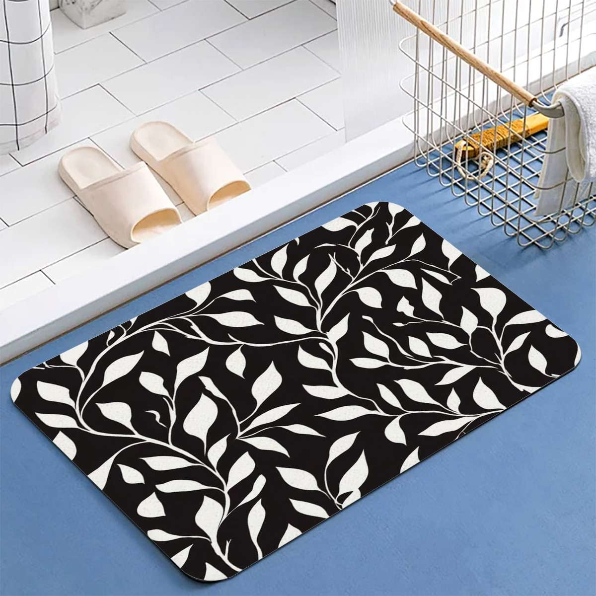 Black White Leafy Floral Pattern Diatomite Bath Mats Bathroom Absorbent ...