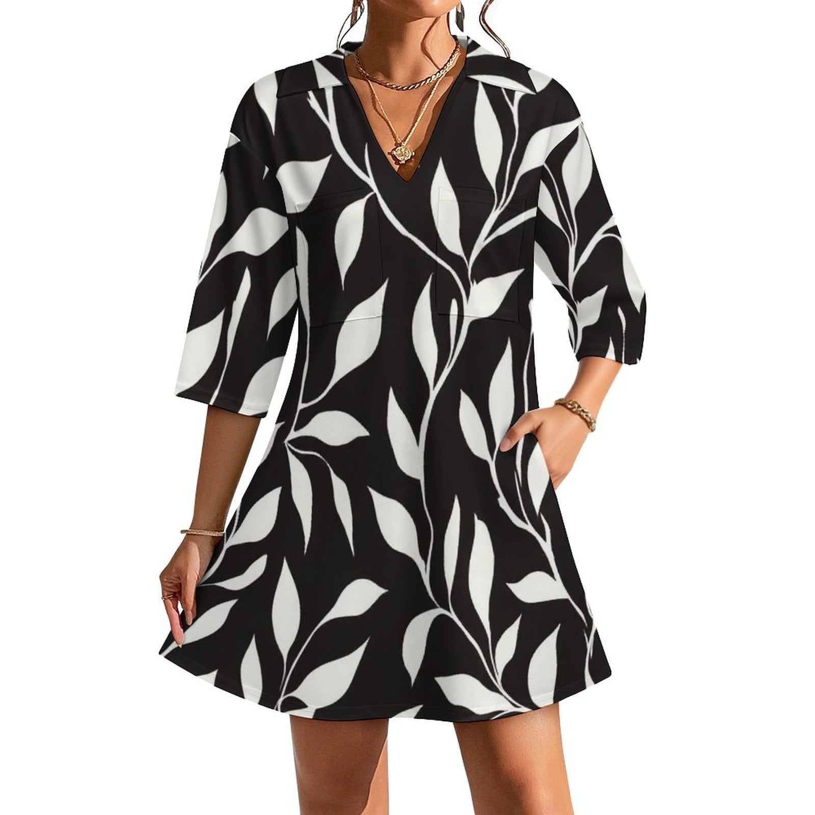 Black White Leafy Floral Pattern Womens Dress With Pockets Summer V ...
