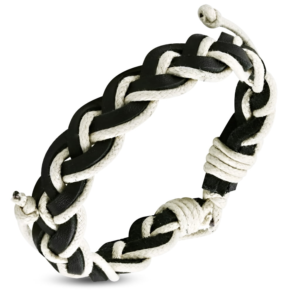 Black White Leather Braided Adjustable Mens Wristband Bracelet ...