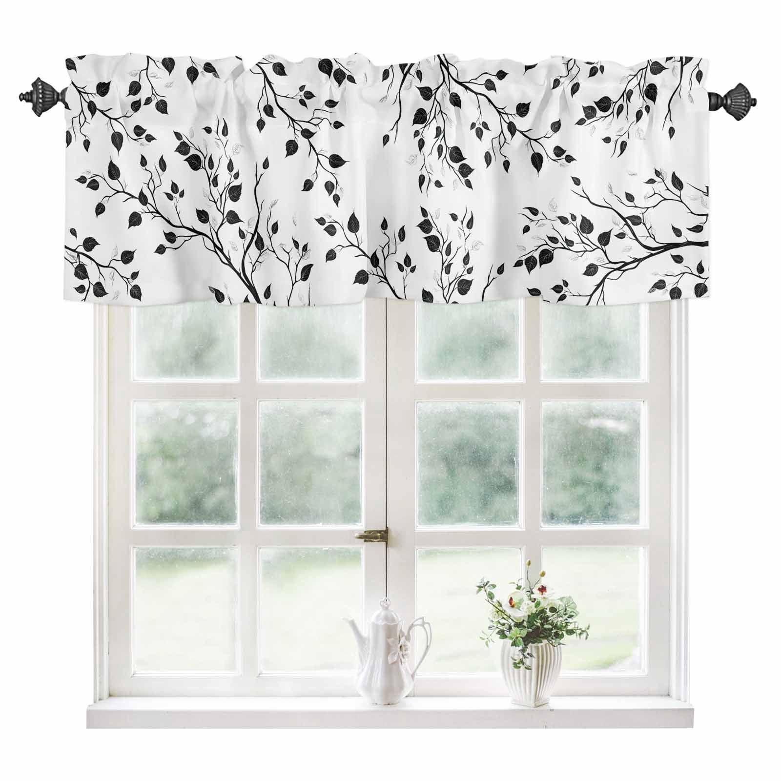 Black White Leaves Kitchen Valances for Windows 42x18 Inch Kitchen ...