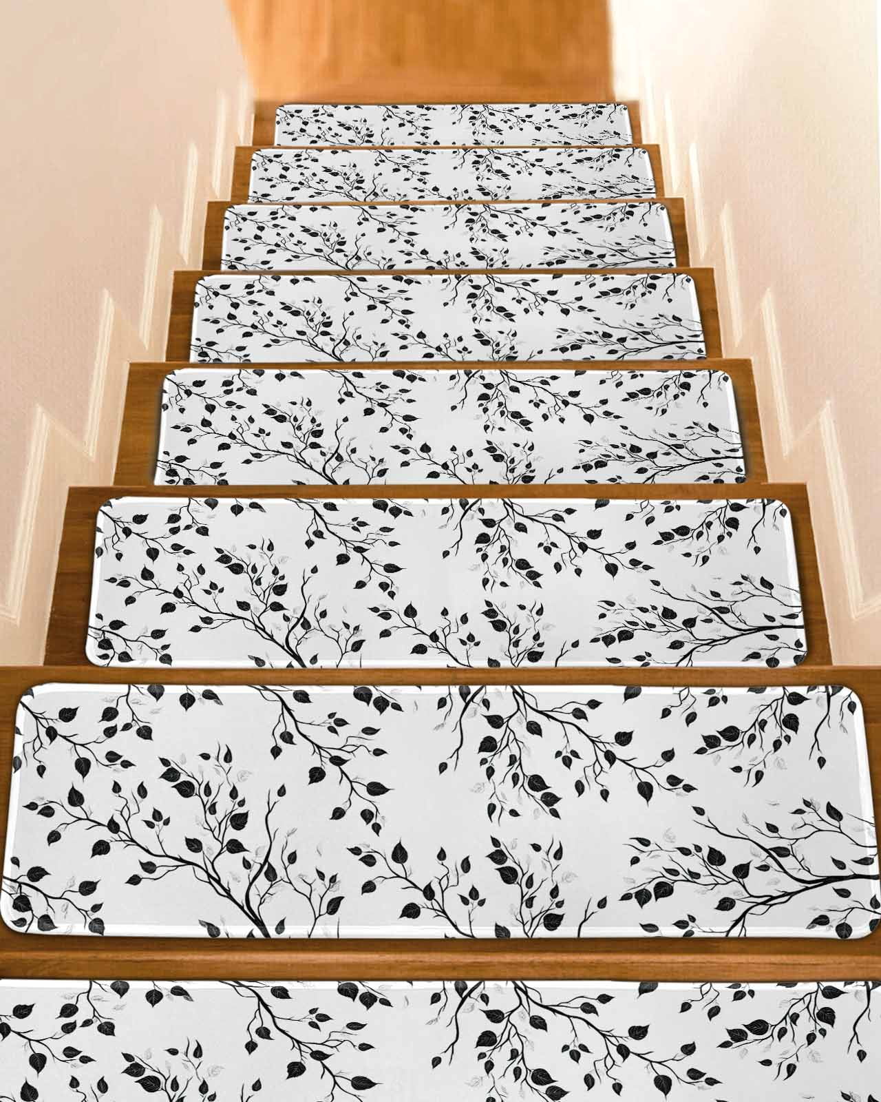 Black White Leaves Stair Treads for Wooden Steps Indoor Runner Rug ...