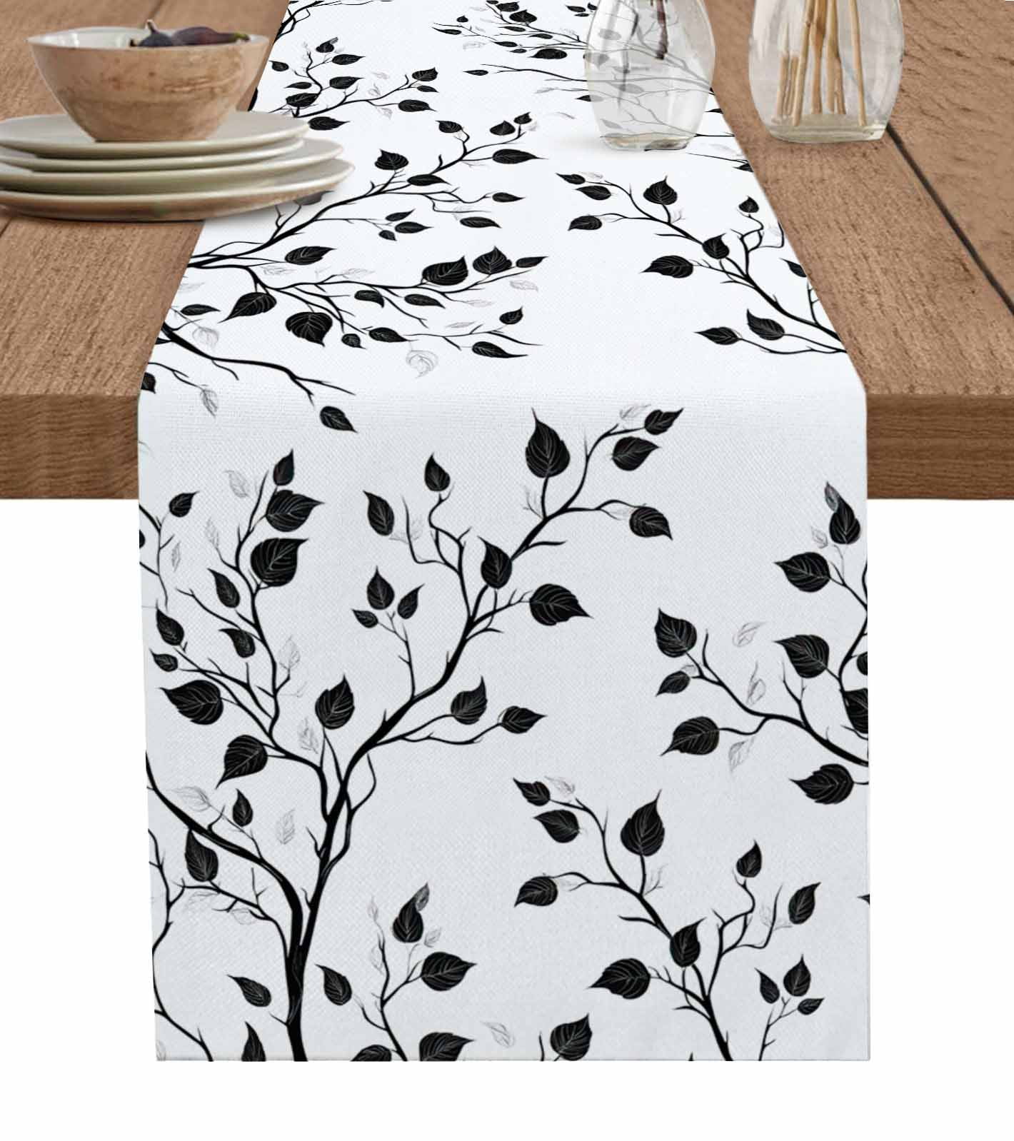 Black White Leaves Table Runner Minimalist Natural Trees Watercolor ...