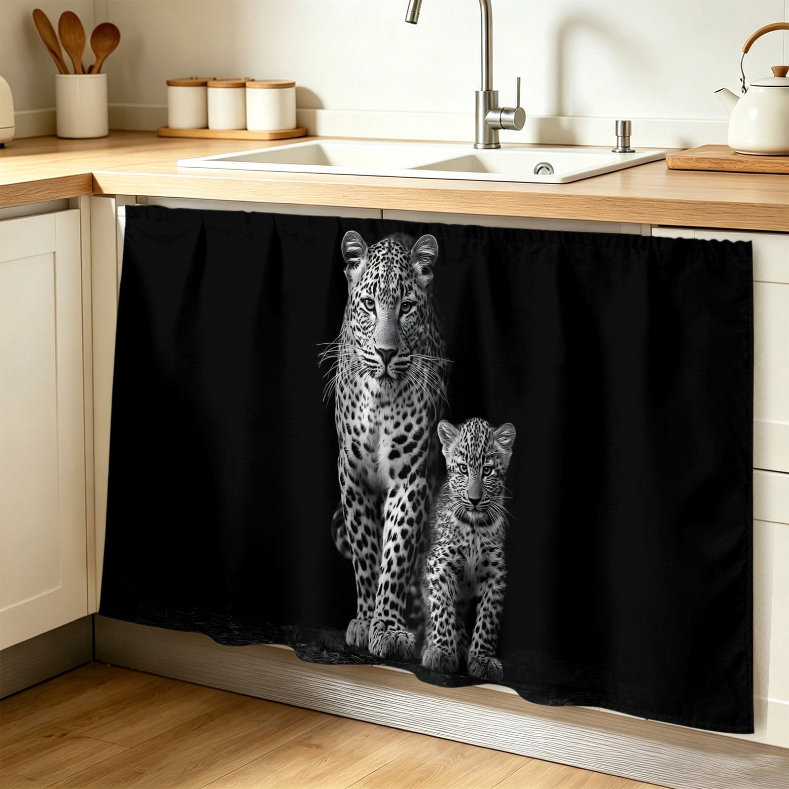 Black White Leopard Cabinet Curtain 28"W x 51"L, Powerful Wild Animal ...