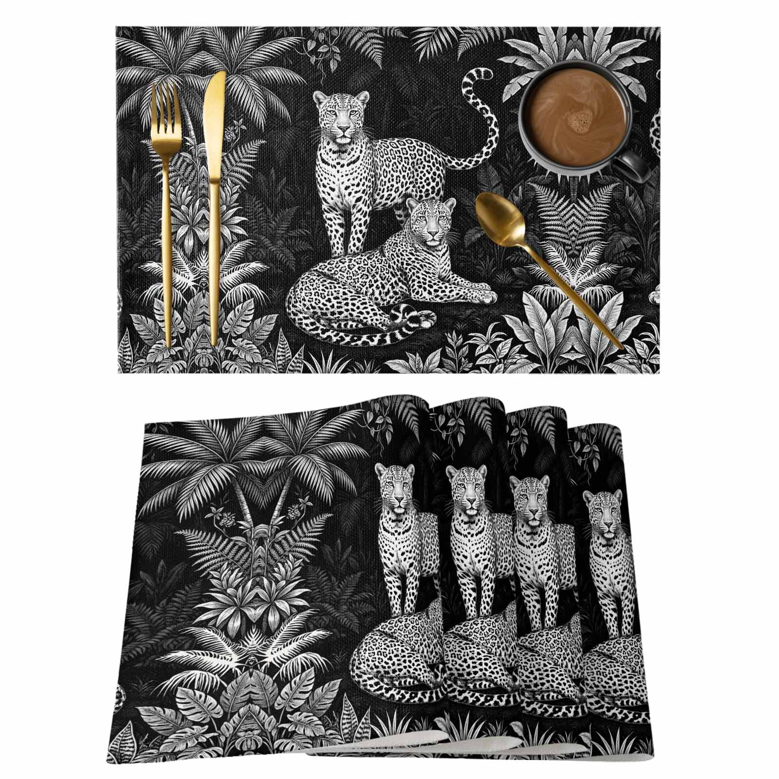 Black And White Leopard Cotton Linen Placemats Set of 2, Tropical ...