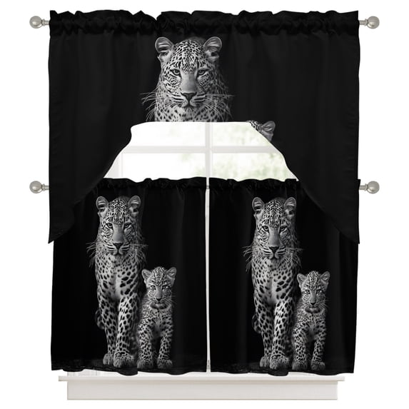Black White Leopard Kitchen Curtains Swag Valance and Tier Curtains Set ...