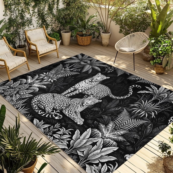 Black And White Leopard Outdoor Rug, Tropical Plants Palm Leaf Jungle ...